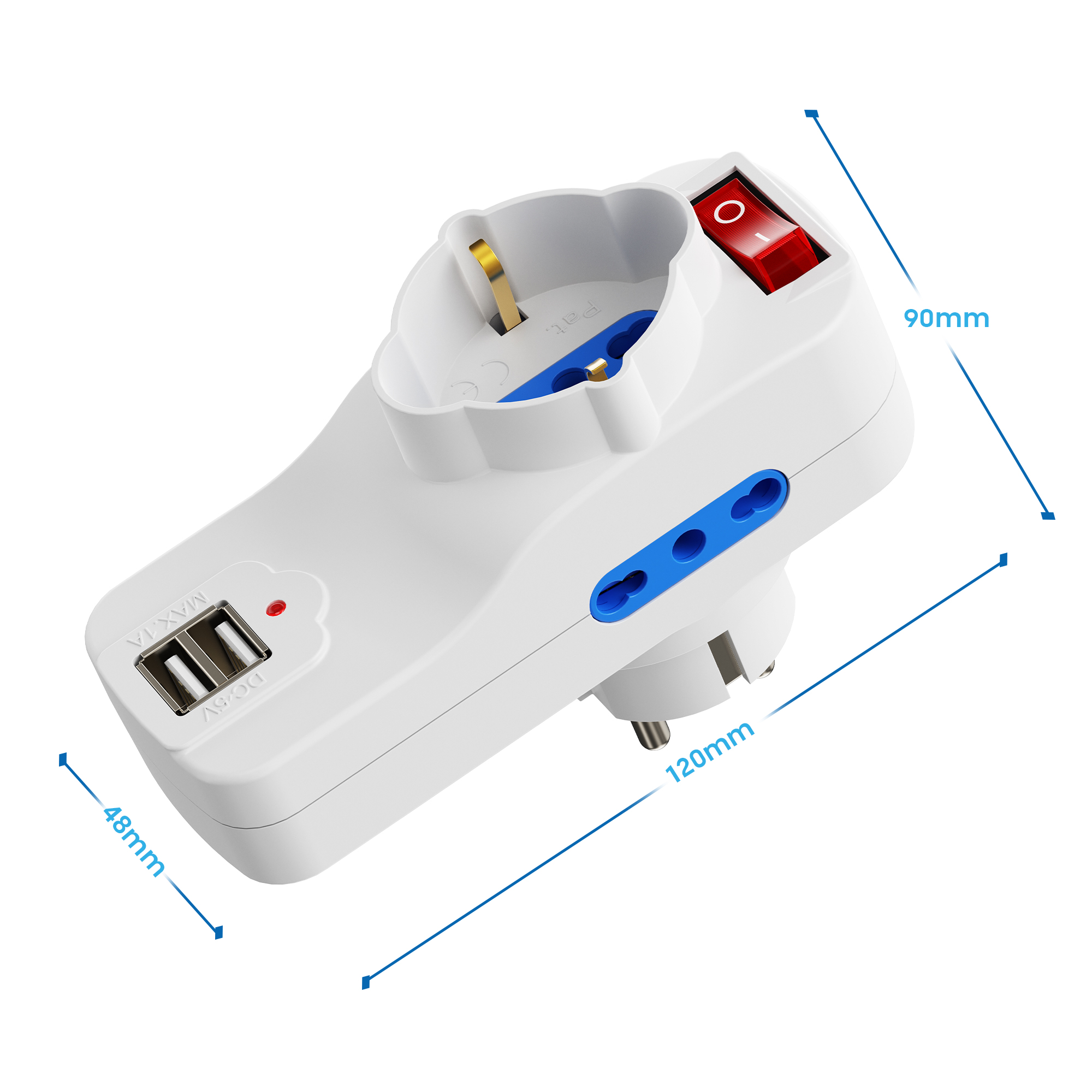 Power adapter 3-ways with 2 USB-A chargers and Schuko Plug 16A | Ewent ...