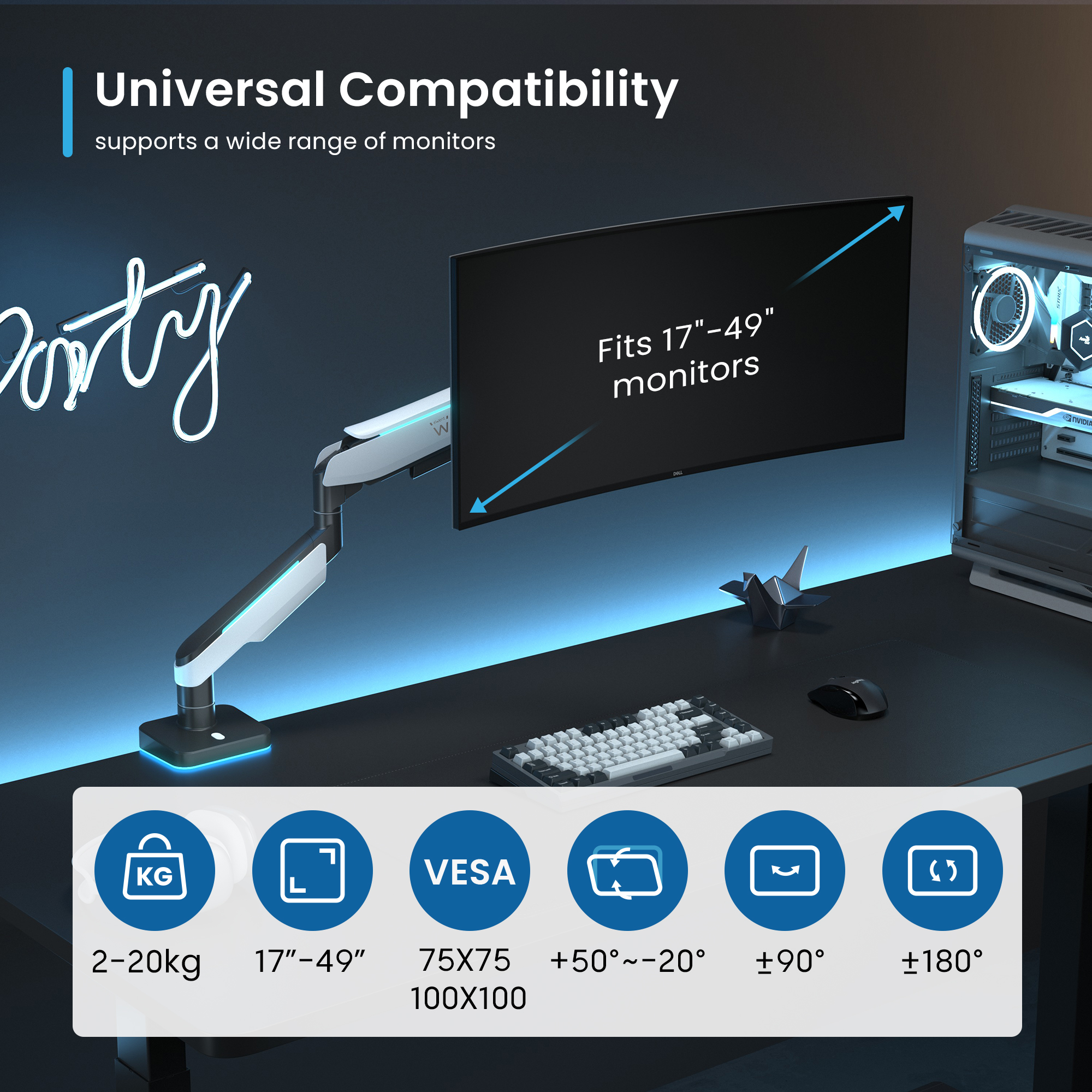 Heavy-Duty Single Monitor Support Arm Desk for Flat/Curved/Ultrawide ...