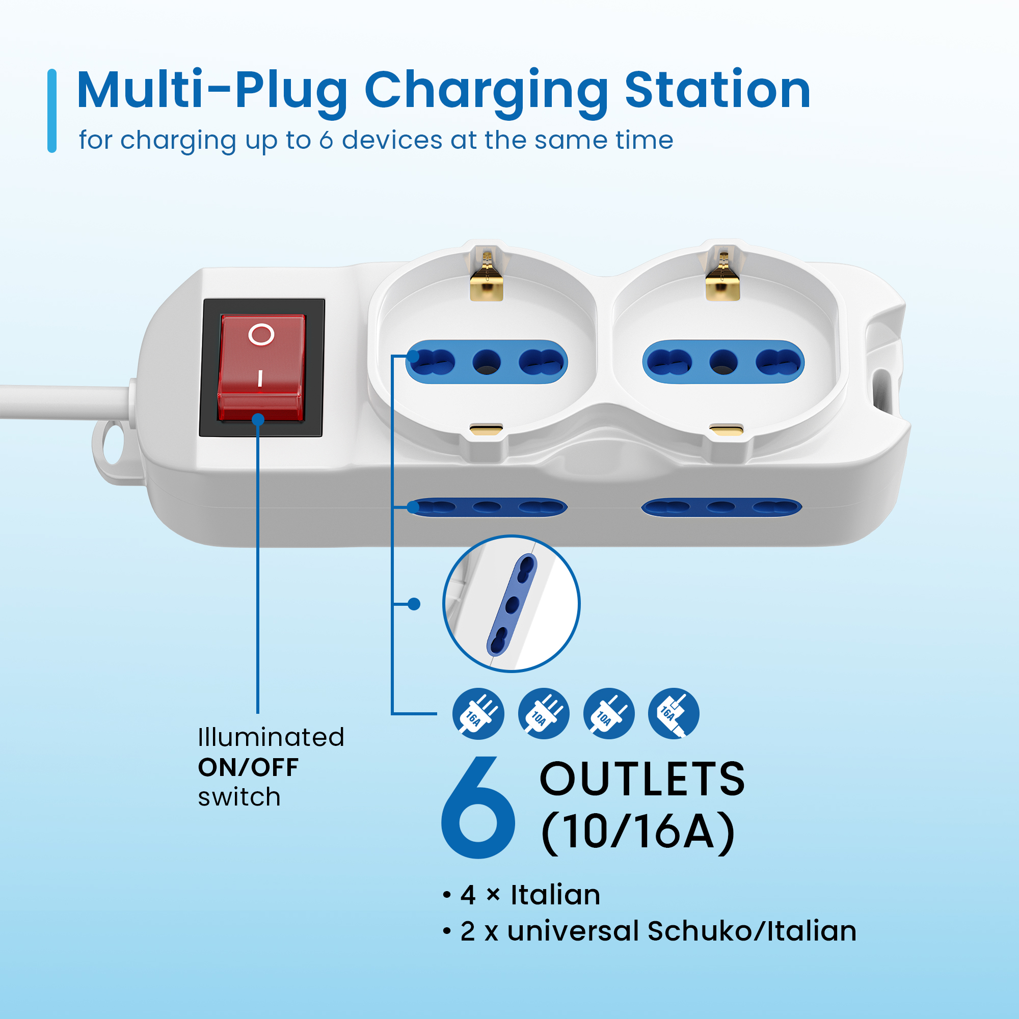 6-way power strip with 16A Italian plug and 3m cable | Ewent Eminent